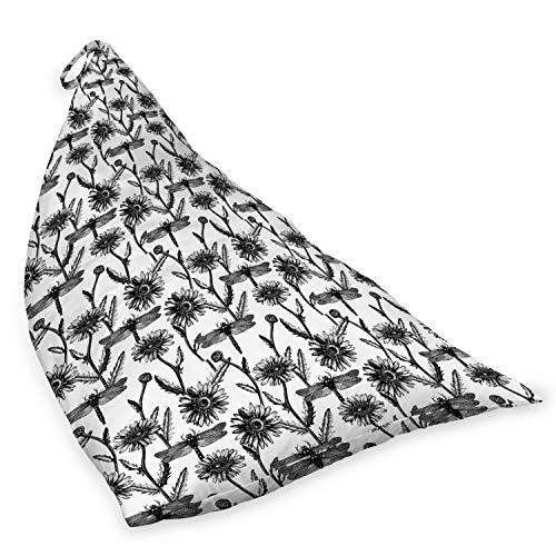 Ambesonne Nature Art Lounger Chair Bag, Monotone Print Hand Drawn Like Flowers and Dragonflies Pattern, High Capacity Storage with Handle Container, Lounger Size, Charcoal Grey White