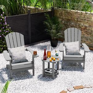 YEFU Adirondack Chair 3-Piece Set （Grey with 2 Oversized Plastic Adirondack Chair with Cup-Holder + an Outdoor Double Outdoor Side Table