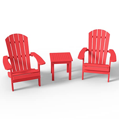 YEFU Adirondack Chair 3-Piece Set (Red) Plastic Weather Resistant, with 2 Adirondack Chairs + an Outdoor Side Table