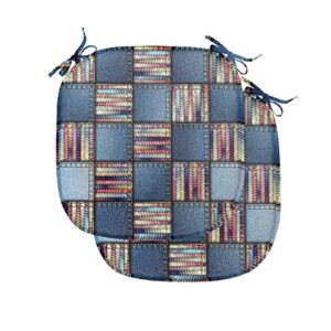 lunarable geometric chair seating cushion set of 2, quilt design with scraps of denim and knit graphic colorful melange print, seat pads for office with anti-slip backing, 16″x16″, blue multicolor