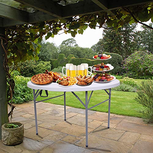 Simply-Me Patio Dining Table 48 Inch Fold-in-Half Round Folding Table Indoor Outdoor Utility Table with 4 Steel Feet,Carrying Handle,White