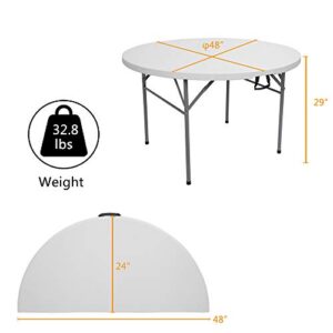 Simply-Me Patio Dining Table 48 Inch Fold-in-Half Round Folding Table Indoor Outdoor Utility Table with 4 Steel Feet,Carrying Handle,White