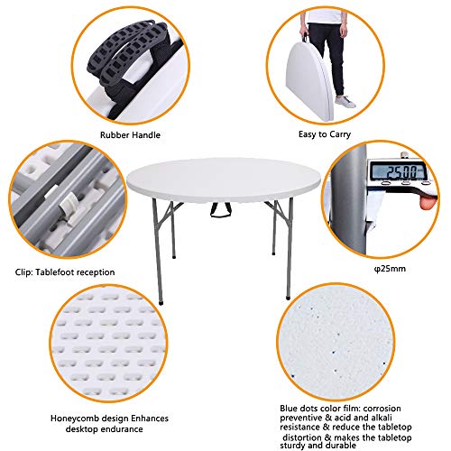 Simply-Me Patio Dining Table 48 Inch Fold-in-Half Round Folding Table Indoor Outdoor Utility Table with 4 Steel Feet,Carrying Handle,White