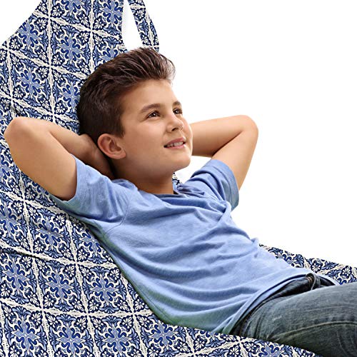 Lunarable Azulejo Lounger Chair Bag, Ethnic Portuguese Ceramic Tiles Like Mosaic Motifs Traditional Design, High Capacity Storage with Handle Container, Lounger Size, Ivory and Lavender Blue