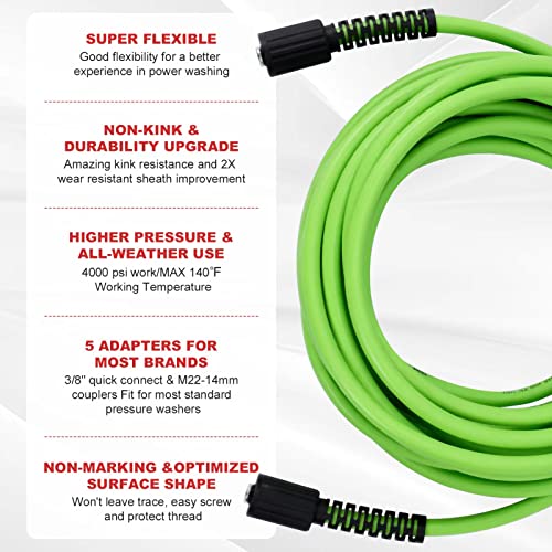 Pressure Washer Hose 100FT 1/4”, 4000 PSI Kink Resistant High Pressure Hose M22 14mm Thread, Flexible Extension Replacement Hose with 3/8 Quick Connect Adapters for Power Washing