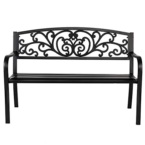 VINGLI 50" Patio Outdoor Metal Bench,Powder Coated Cast Iron Steel for Garden Path Yard Lawn Work Entryway Decor Deck, Black