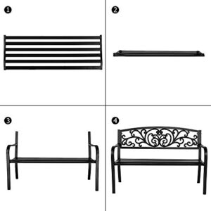 VINGLI 50" Patio Outdoor Metal Bench,Powder Coated Cast Iron Steel for Garden Path Yard Lawn Work Entryway Decor Deck, Black