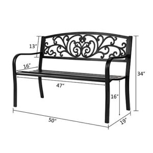 VINGLI 50" Patio Outdoor Metal Bench,Powder Coated Cast Iron Steel for Garden Path Yard Lawn Work Entryway Decor Deck, Black