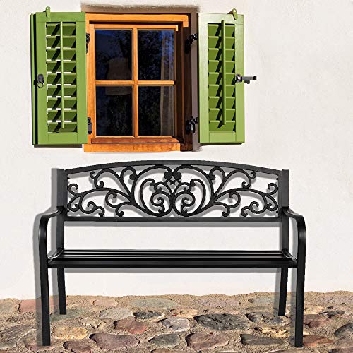 VINGLI 50" Patio Outdoor Metal Bench,Powder Coated Cast Iron Steel for Garden Path Yard Lawn Work Entryway Decor Deck, Black