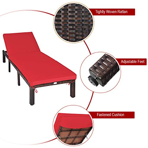 Nightcore Rattan Lounge Chair, Outdoor Wicker Lounge Chair Cushion with Thick Zipper Pad, Patio Recliner Chair with Adjustable Backrest, Chaise Lounge Recliner for Garden Patio Yard, Red (1)