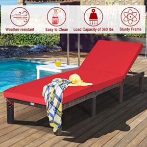 Nightcore Rattan Lounge Chair, Outdoor Wicker Lounge Chair Cushion with Thick Zipper Pad, Patio Recliner Chair with Adjustable Backrest, Chaise Lounge Recliner for Garden Patio Yard, Red (1)