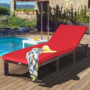 Nightcore Rattan Lounge Chair, Outdoor Wicker Lounge Chair Cushion with Thick Zipper Pad, Patio Recliner Chair with Adjustable Backrest, Chaise Lounge Recliner for Garden Patio Yard, Red (1)