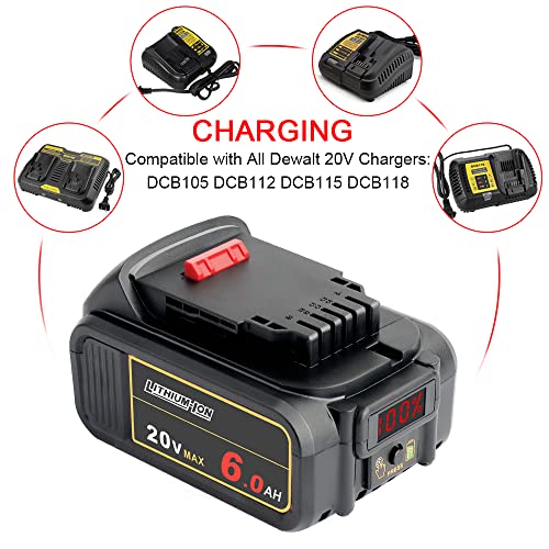 AMICROSS 20V Battery Replacement for Dewalt 20V Battery 6.0Ah, Compatible with DCB206 DCB200 DCB201 DCB204 DCB207 DCB208 DCB210 DCD/DCF/DCG Series MAX XR Cordless Tools Lithium-Ion 2-Pack