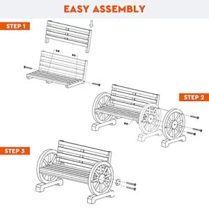 Vagowin Wagon Wheel Bench, Wooden Outdoor Bench 2-Person Seat, Rustic Patio Benches with Backrest for Porch, Garden Brown 19.7inchD x 41.3inchW x 30.3inchH