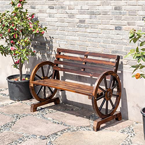 Vagowin Wagon Wheel Bench, Wooden Outdoor Bench 2-Person Seat, Rustic Patio Benches with Backrest for Porch, Garden Brown 19.7inchD x 41.3inchW x 30.3inchH