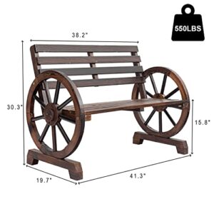 Vagowin Wagon Wheel Bench, Wooden Outdoor Bench 2-Person Seat, Rustic Patio Benches with Backrest for Porch, Garden Brown 19.7inchD x 41.3inchW x 30.3inchH