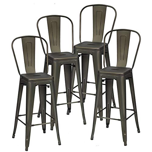 RELAX4LIFE Metal Dining Chairs Set of 4 Indoor &Outdoor Bar Chiars Set with Detachable Backrest for Kitchen, Dining Room, Restaurant Industrial Stackable Bistro Bar Stools Chairs Set (46", Gun Color)