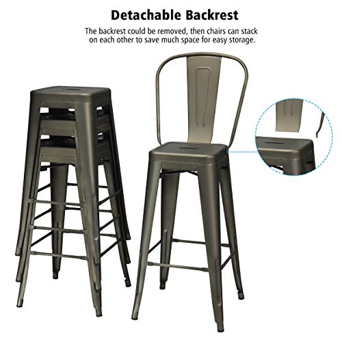 RELAX4LIFE Metal Dining Chairs Set of 4 Indoor &Outdoor Bar Chiars Set with Detachable Backrest for Kitchen, Dining Room, Restaurant Industrial Stackable Bistro Bar Stools Chairs Set (46", Gun Color)