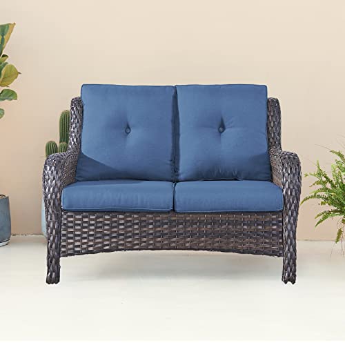 Belord Outdoor Loveseat Small Patio Furniture 2 Seater Sofa Brown Wicker Couch Rattan Settee for Single-Family House