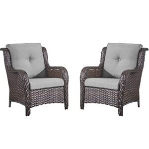 belord patio furniture conversation sets 2 peices wicker chairs, wide armchair outdoor furniture sets for porch, balcony, backyard, all weather brown wicker chair with grey cushion