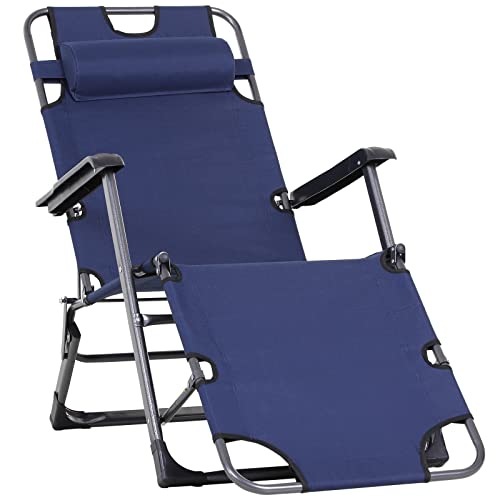 Outsunny 2-in-1 Folding Patio Lounge Chair w/Pillow, Outdoor Zero Gravity Portable Sun Lounger Reclining to 120°/180°, Oxford Fabric, Navy