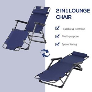 Outsunny 2-in-1 Folding Patio Lounge Chair w/Pillow, Outdoor Zero Gravity Portable Sun Lounger Reclining to 120°/180°, Oxford Fabric, Navy