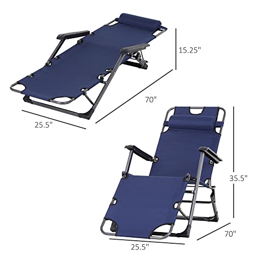 Outsunny 2-in-1 Folding Patio Lounge Chair w/Pillow, Outdoor Zero Gravity Portable Sun Lounger Reclining to 120°/180°, Oxford Fabric, Navy