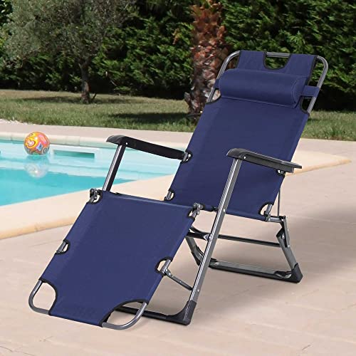 Outsunny 2-in-1 Folding Patio Lounge Chair w/Pillow, Outdoor Zero Gravity Portable Sun Lounger Reclining to 120°/180°, Oxford Fabric, Navy