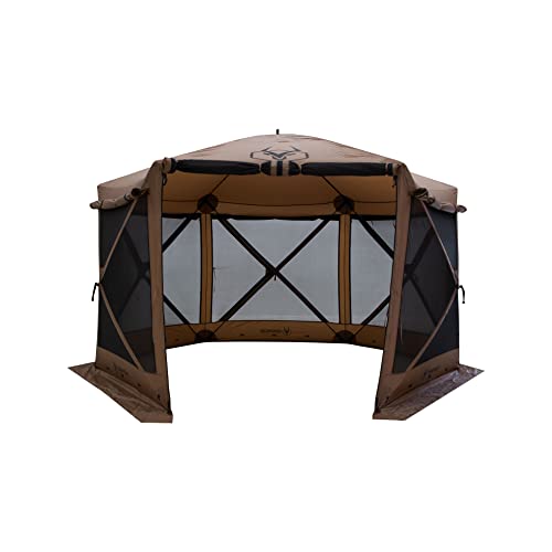 Gazelle Tents™, G6 Deluxe 6-Sided Portable Gazebo, Easy Pop-Up Hub Screen Tent, Waterproof, UV Resistant, Attached Wind Panels, 8-Person & Table, Badlands Brown, 86" x 124" x 124", GG610BR