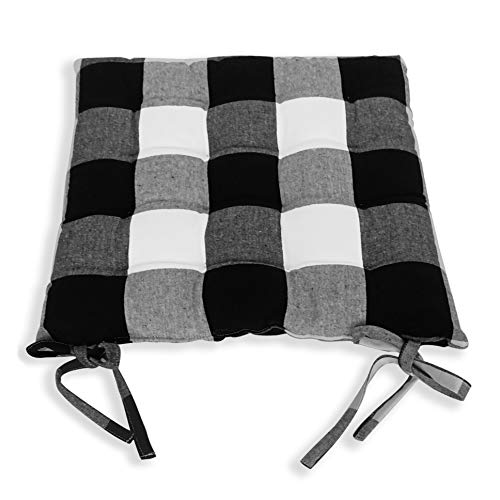 Encasa Homes Chair Cushions 40x40 cm with Ties 4 pcs - Buffalo Black Checks - Stripe Cotton Fabric, Rich Square Seat Cushions Micro-Fiber Filling, Large Size for Sitting, Sofa, Dining Table & Outdoor