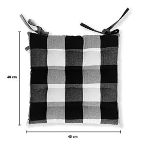 Encasa Homes Chair Cushions 40x40 cm with Ties 4 pcs - Buffalo Black Checks - Stripe Cotton Fabric, Rich Square Seat Cushions Micro-Fiber Filling, Large Size for Sitting, Sofa, Dining Table & Outdoor