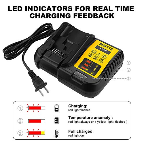 Battery Charger Replacement for Dewalt 12V 20V and 60V MAX Lithium-Ion Battery DCB112 for DCB205 DCB112 DCB201 DCB200 DCB612 DCB609-2 DCB609 DCB606 DCB606-2 DCB208 DCB206 DCB206-2 DCB204 DCB203