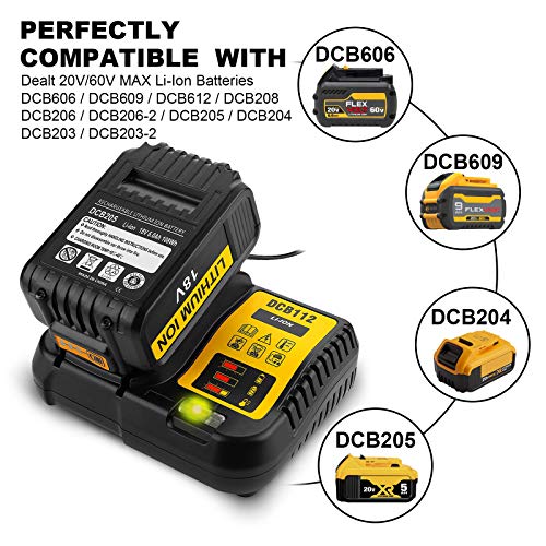 Battery Charger Replacement for Dewalt 12V 20V and 60V MAX Lithium-Ion Battery DCB112 for DCB205 DCB112 DCB201 DCB200 DCB612 DCB609-2 DCB609 DCB606 DCB606-2 DCB208 DCB206 DCB206-2 DCB204 DCB203