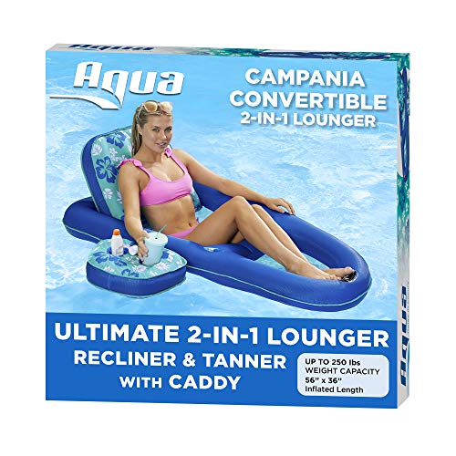 Aqua Leisure Campania Ultimate Convertible 2 in 1 Outdoor Swimming Pool Float Lounger Recliner Tanning Chair and Caddy, Teal Hibiscus (2 Pack)