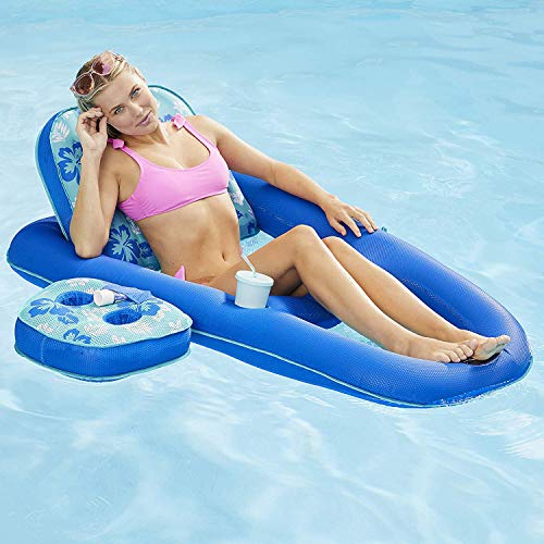 Aqua Leisure Campania Ultimate Convertible 2 in 1 Outdoor Swimming Pool Float Lounger Recliner Tanning Chair and Caddy, Teal Hibiscus (2 Pack)