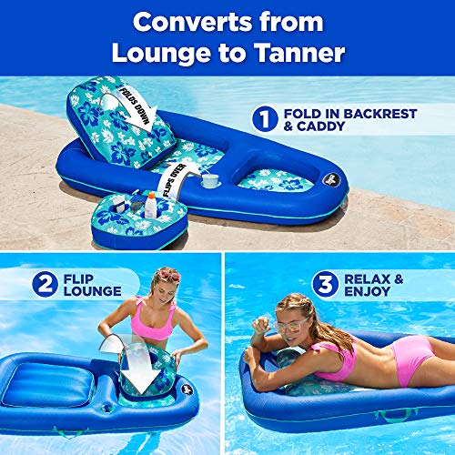 Aqua Leisure Campania Ultimate Convertible 2 in 1 Outdoor Swimming Pool Float Lounger Recliner Tanning Chair and Caddy, Teal Hibiscus (2 Pack)