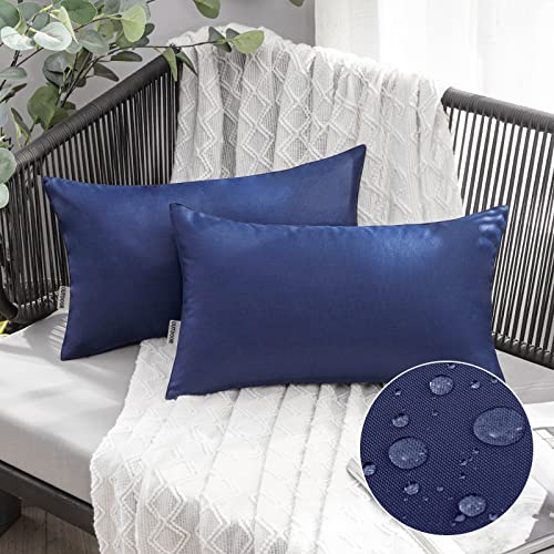 ANRODUO Pack of 2 Outdoor Waterproof Throw Pillow Covers Solid Decorative Garden Cushion Sham Outside Lumbar Square Pillowcase for Patio Tent Balcony Bench Tent Couch Sofa (12"x20", A-Navy Blue)