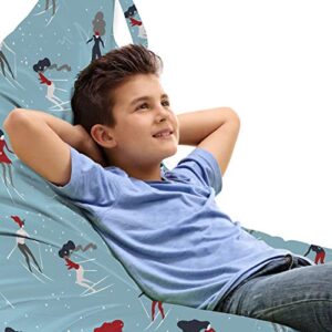 lunarable winter lounger chair bag, cartoon skier girls pattern frozen pond outdoor theme extreme sports, high capacity storage with handle container, lounger size, pale blue ruby dark blue