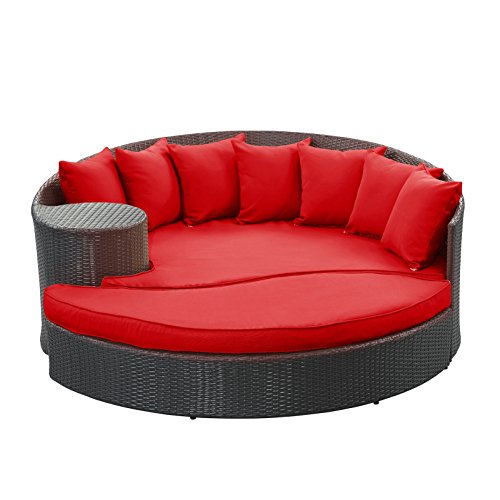 Modway Taiji Outdoor Wicker Patio Daybed with Ottoman in Espresso with Red Cushions