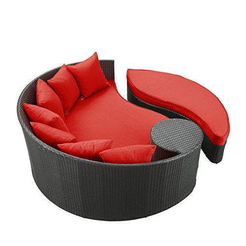 Modway Taiji Outdoor Wicker Patio Daybed with Ottoman in Espresso with Red Cushions