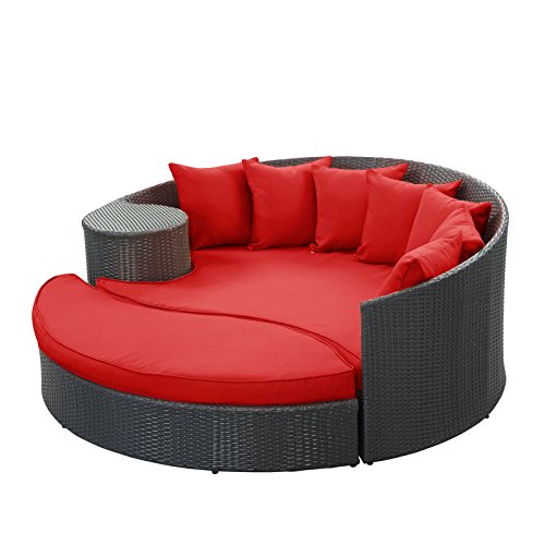 Modway Taiji Outdoor Wicker Patio Daybed with Ottoman in Espresso with Red Cushions