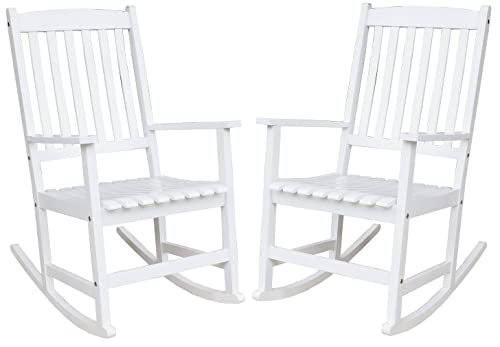 BTEXPERT Indoor Outdoor Slatted Wooden Front Rocking Chair Garden Deck Porch Rocker, Furniture, White, Set of 2