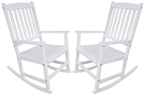 BTEXPERT Indoor Outdoor Slatted Wooden Front Rocking Chair Garden Deck Porch Rocker, Furniture, White, Set of 2