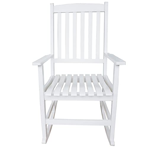 BTEXPERT Indoor Outdoor Slatted Wooden Front Rocking Chair Garden Deck Porch Rocker, Furniture, White, Set of 2