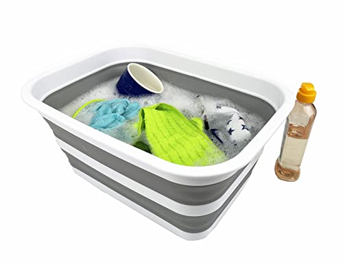 SAMMART 12L (3.17Gallon) Collapsible Tub - Portable Outdoor Picnic Tray - Portable Washing Basin - Space Saving Plastic Washtub (White/Grey)