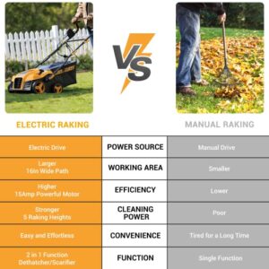 Rock&Rocker 16-Inch 15 Amp Electric Dethatcher Scarifier, 5-Position Height Adjustment, 48.4QT Removable Thatch Bag, Quick-Fold, with Scarifier Blade, Removing Thatch, Lawn Mower's Mate