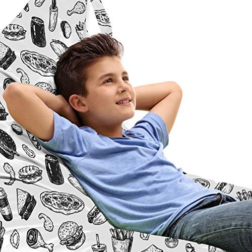 Lunarable Soda Lounger Chair Bag, Fast Food Burger Pizza Hot Dog Junk Unhealthy Meal Menu Wings Restaurant, High Capacity Storage with Handle Container, Lounger Size, Charcoal Grey and White