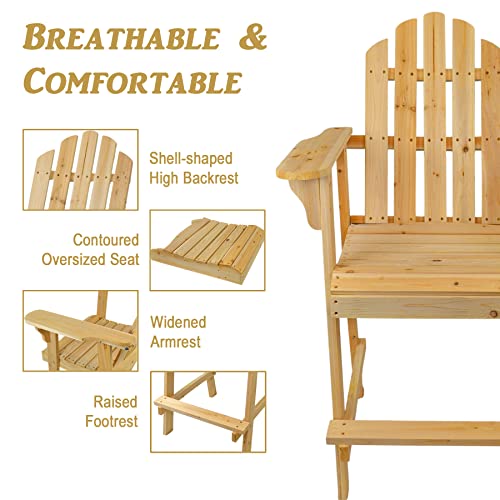 Westcharm Ready-to-Finish Balcony Tall/Counter High Adirondack Chair with Footrest for Outdoor Outside Garden - Unfinished Natural Wood