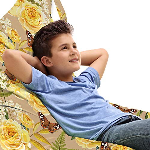 Lunarable Retro Lounger Chair Bag, Elderberry Yellow Roses and Butterflies Romantic Nostalgic Bouquet with Fern Leaf, High Capacity Storage with Handle Container, Lounger Size, Multicolor