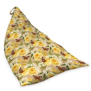 Lunarable Retro Lounger Chair Bag, Elderberry Yellow Roses and Butterflies Romantic Nostalgic Bouquet with Fern Leaf, High Capacity Storage with Handle Container, Lounger Size, Multicolor